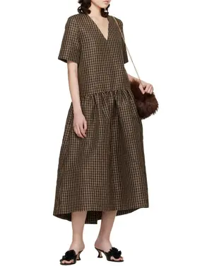 GANNI Crinkled Check Long Dress - Brown
