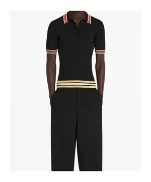 ENTIRE STUDIOS Striped Ribbed Knit Polo Shirt - Black