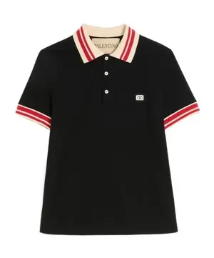 Valentino Garavani Vlogo Signature-patch Striped-trim Polo Shirt - Black