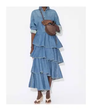 Alaïa Denim Spiral Ruffle Midi Skirt - Mineral