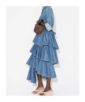 Alaïa Denim Spiral Ruffle Midi Skirt - Mineral