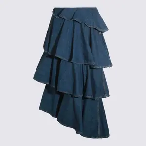 Alaïa Denim Spiral Ruffle Midi Skirt - Mineral