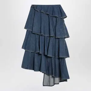 Alaïa Denim Spiral Ruffle Midi Skirt - Mineral