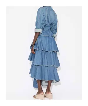 Alaïa Denim Spiral Ruffle Midi Skirt - Mineral