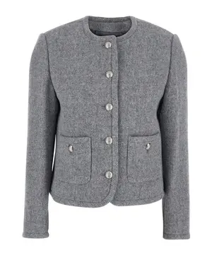 DUNST Collarless Tweed Buttoned Jacket - Gray