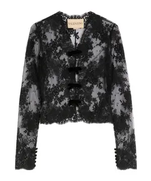 Valentino Garavani Lace Long Sleeve V-neck Top With Bow Detail