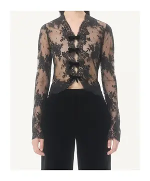 Valentino Garavani Lace Long Sleeve V-neck Top With Bow Detail