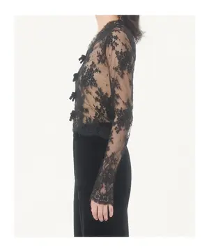 Valentino Garavani Lace Long Sleeve V-neck Top With Bow Detail