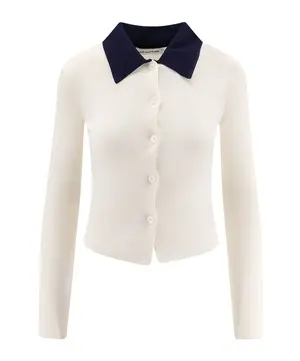 SELF-PORTRAIT Merino Wool Buttoned Cardigan With Contrast Collar - Cream
