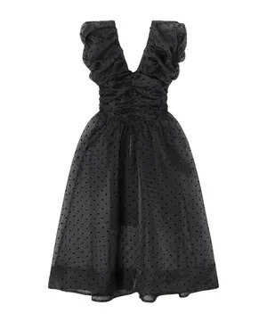 GANNI Organza Ruched Polka Dot Midi Dress