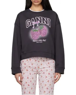 GANNI Raspberry Print Crewneck Sweatshirt - Phantom Black