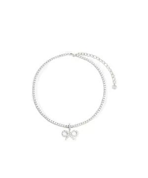SELF-PORTRAIT Crystal Embellished Bow Motif Tennis Necklace - Silver