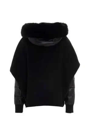 MOORER Detachable Shawl Coat With Fur Hood - Black