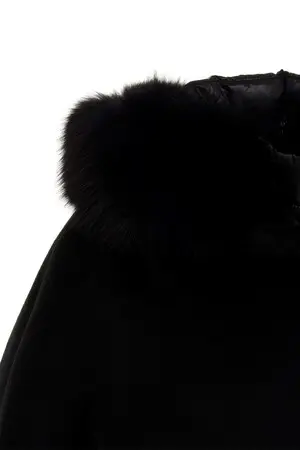 MOORER Detachable Shawl Coat With Fur Hood - Black