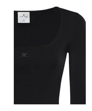 COURREGES Ribbed Knit Crew Neck Long Sleeve Top - Black