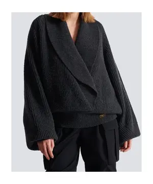 Balmain Batwing Open Neck Ribbed Knit Sweater - Grey