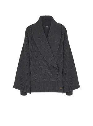 Balmain Batwing Open Neck Ribbed Knit Sweater - Grey