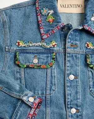 Valentino Garavani Embellished Floral Denim Jacket - Medium Blue