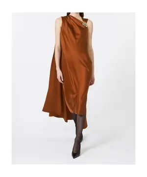 Max Mara Silk Satin Asymmetrical Cocktail Dress - Brown Copper