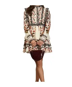Farm Rio Ruched Floral Long-sleeve Dress - Nude