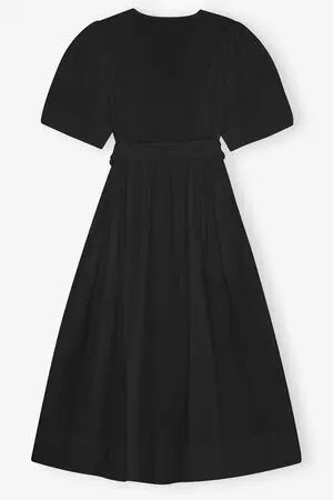 GANNI Deep V-neck Flared Dress With Pleated Details And Belted Waist - Black