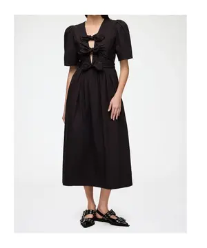 GANNI Deep V-neck Flared Dress With Pleated Details And Belted Waist - Black
