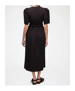 GANNI Deep V-neck Flared Dress With Pleated Details And Belted Waist - Black