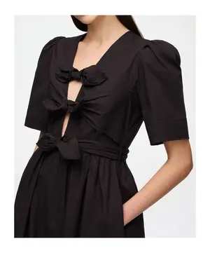 GANNI Deep V-neck Flared Dress With Pleated Details And Belted Waist - Black