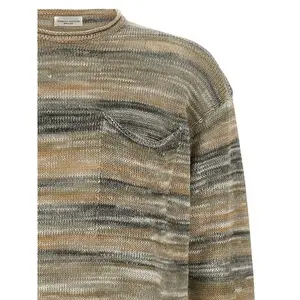 ROBERTO COLLINA Striped Crew Neck Long Sleeve Knitwear With Chest Pocket - Brown