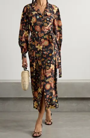 Ulla Johnson Floral-printed Silk Midi Dress With Drawstring Belt - Black