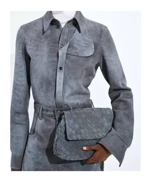 Bottega Veneta Giorno Intrecciato Suede Shoulder Bag - Gray