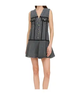 GANNI Sleeveless V-neck Denim Dress With Button Closure - Gray
