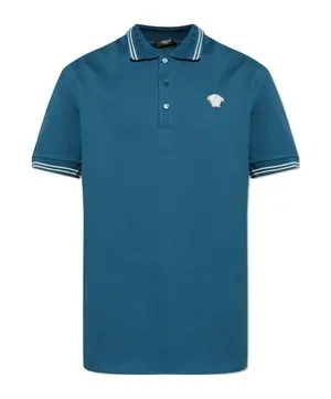 Versace Medusa Embroidered Short-sleeved Polo Shirt - Blue
