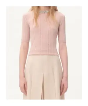 Valentino Garavani Vertical Striped Short-sleeve Embellished Knit Sweater