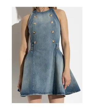 Balmain Sleeveless Denim Mini Dress With Contrast Stitching