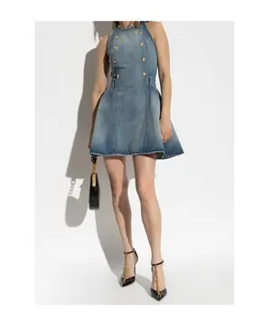 Balmain Sleeveless Denim Mini Dress With Contrast Stitching