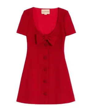 Valentino Garavani Short Dress In Wool Tweed With Bow And Button Detail