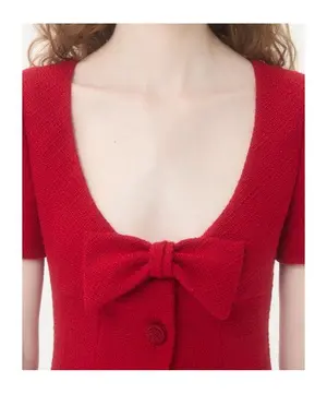 Valentino Garavani Short Dress In Wool Tweed With Bow And Button Detail