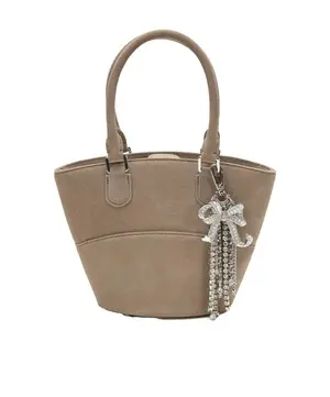 SELF-PORTRAIT Suede Bucket Bag With Charm Detail - Grey