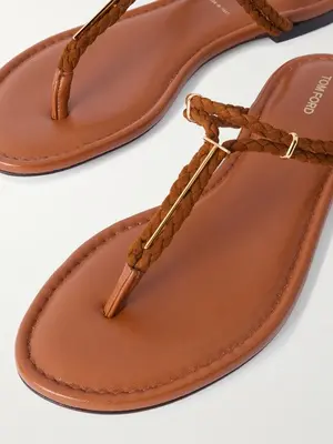 TOM FORD Lily Leather Woven Slippers - Tan