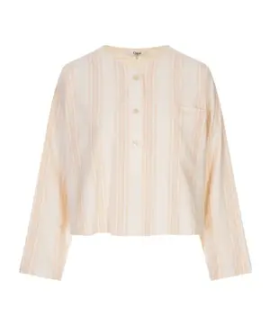 Chloé Long Sleeve Cropped Striped Shirt With Patch Pockets - Nude