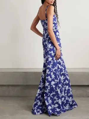 Carolina Herrera Floral Print Asymmetrical Pleated Maxi Dress