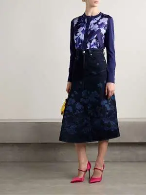 Erdem Paneled Floral-print Denim Midi Skirt