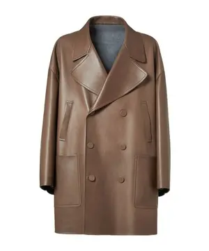 Fendi Double Breasted Leather Pea Coat - Dark Beige