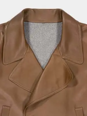 Fendi Double Breasted Leather Pea Coat - Dark Beige