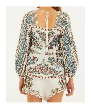 Farm Rio Floral Print Long Sleeve Square Neck Top