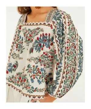 Farm Rio Floral Print Long Sleeve Square Neck Top