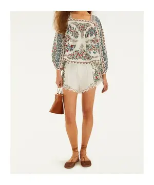 Farm Rio Floral Print Long Sleeve Square Neck Top - White