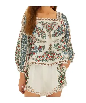 Farm Rio Floral Print Long Sleeve Square Neck Top - White
