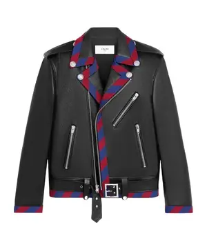 Celine Braided Biker Jacket In Calfskin With Striped Trim - Black